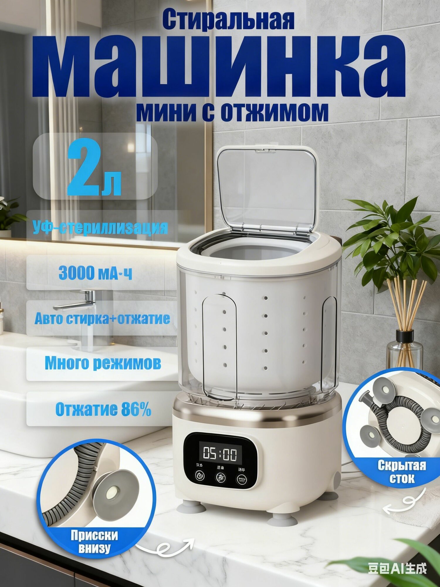 Мини стиральная машина с отжимом и стерилизацией, 2 л, от аккумулятора, 1000 об/мин