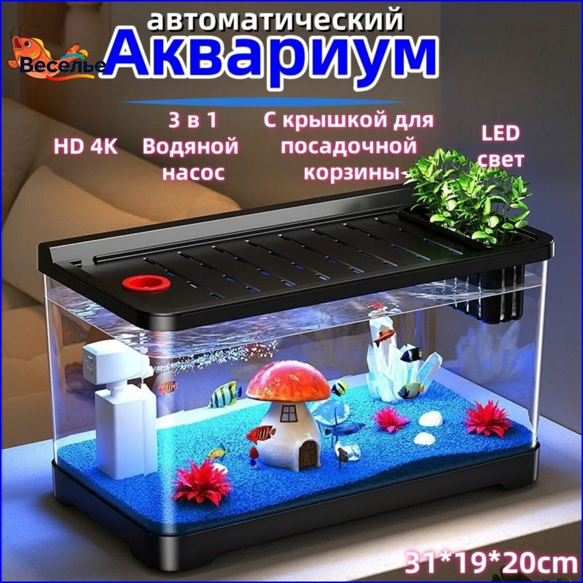 Панорамный аквариум 31x19x20 см с премиум подсветкой и фильтром 4K