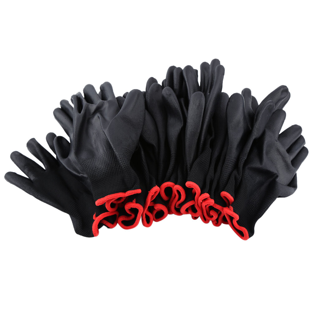 Черные нейлоновые рабочие перчатки с полиуретановым покрытием ладони, красная полоса (размер M)