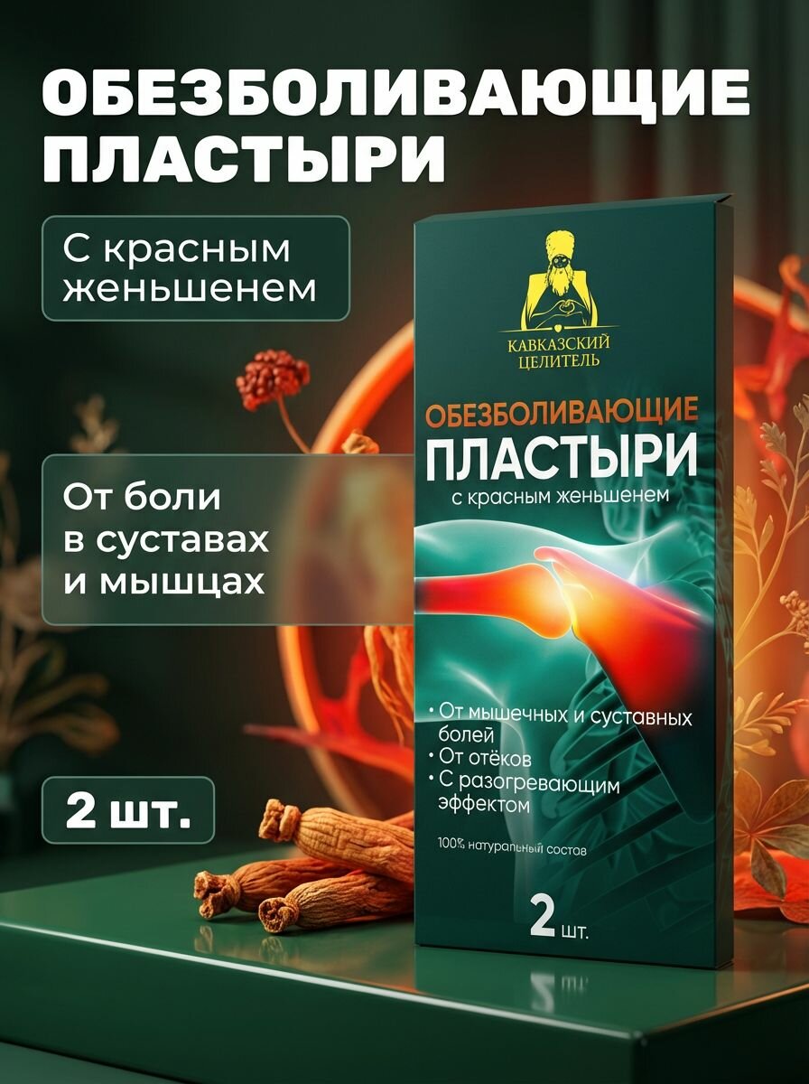 Пластырь обезболивающий с красным женьшенем согревающий для спины и суставов, 2 шт