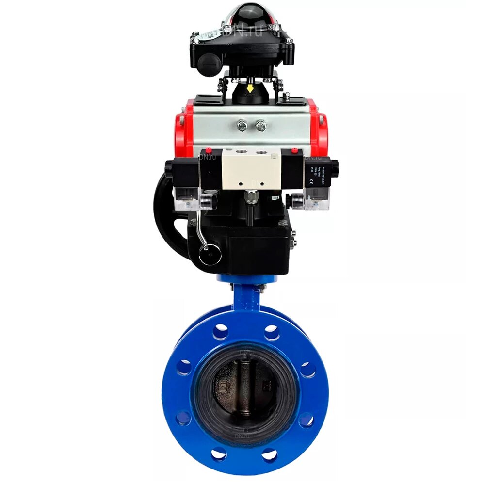 Затвор дисковый поворотный DN. ru GGG40-304-EPDM-2W-F-H Ду65 Ру16 корпус - чугун GGG40, диск - нерж. сталь 304, EPDM, с пневмоприводом DA-105, пневмораспределителем PND1-S2EM-52-2-T10-220VAC, БКВ LSB-210-02NM12-220/24 и ручным дублером HDM-3