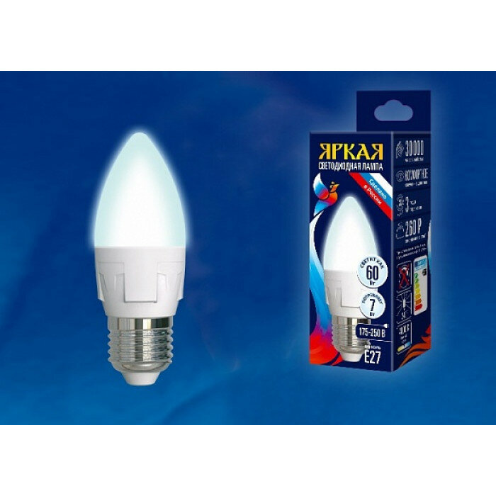 Лампа светодиодная 7W LED-С37-7W/NW/E27 БЕЛ МАТ 4000К яркая UNIEL