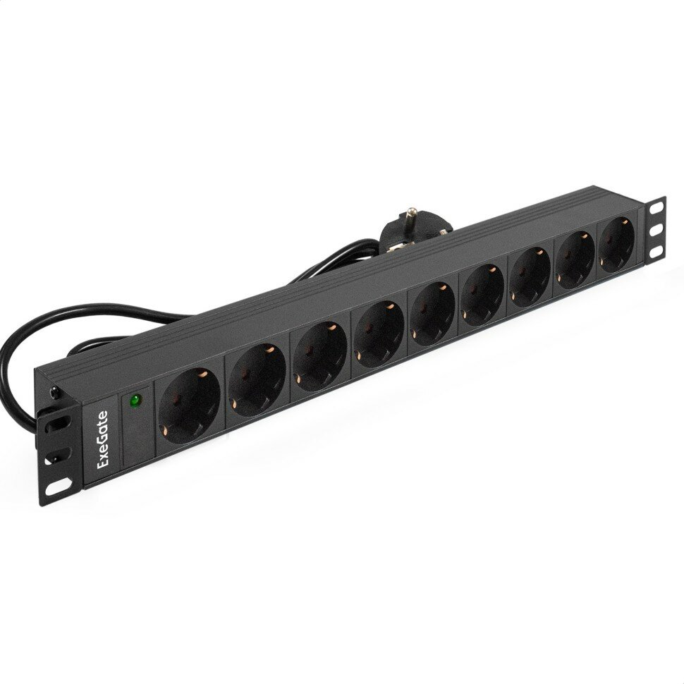 Блок розеток ExeGate ServerPro PDU-19H903 Al-9S-EU2CU (19", 1U, Алюминий, 9 Schuko, кабель с евровилкой VDE-250V-16A-3*1.5mm2, медь, 2 метра, черный, RTL) (EX280849RUS)