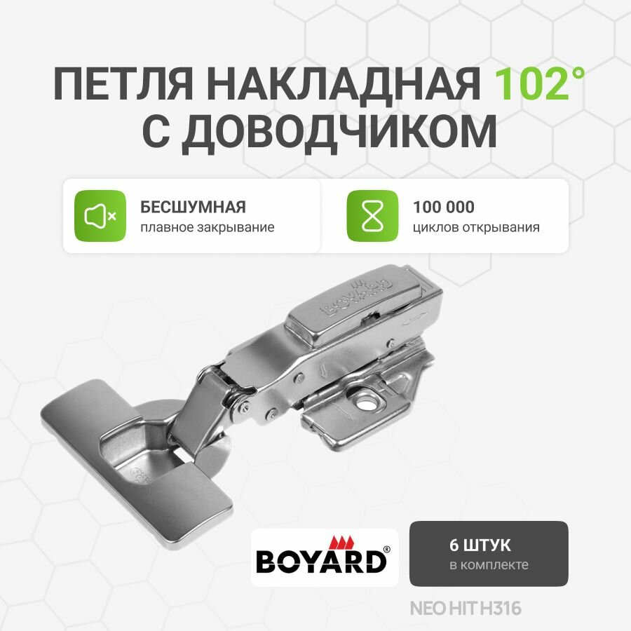 Петля мебельная накладная BOYARD NEO HIT H316A02 с доводчиком и крепежной фурнитурой 102 градуса 6 шт