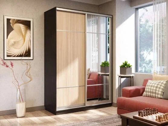 Шкаф купе для одежды Сакура 2, МФ-Купе, размер 80х60х240, платье/белье, цвет ясень шимо светлый/венге