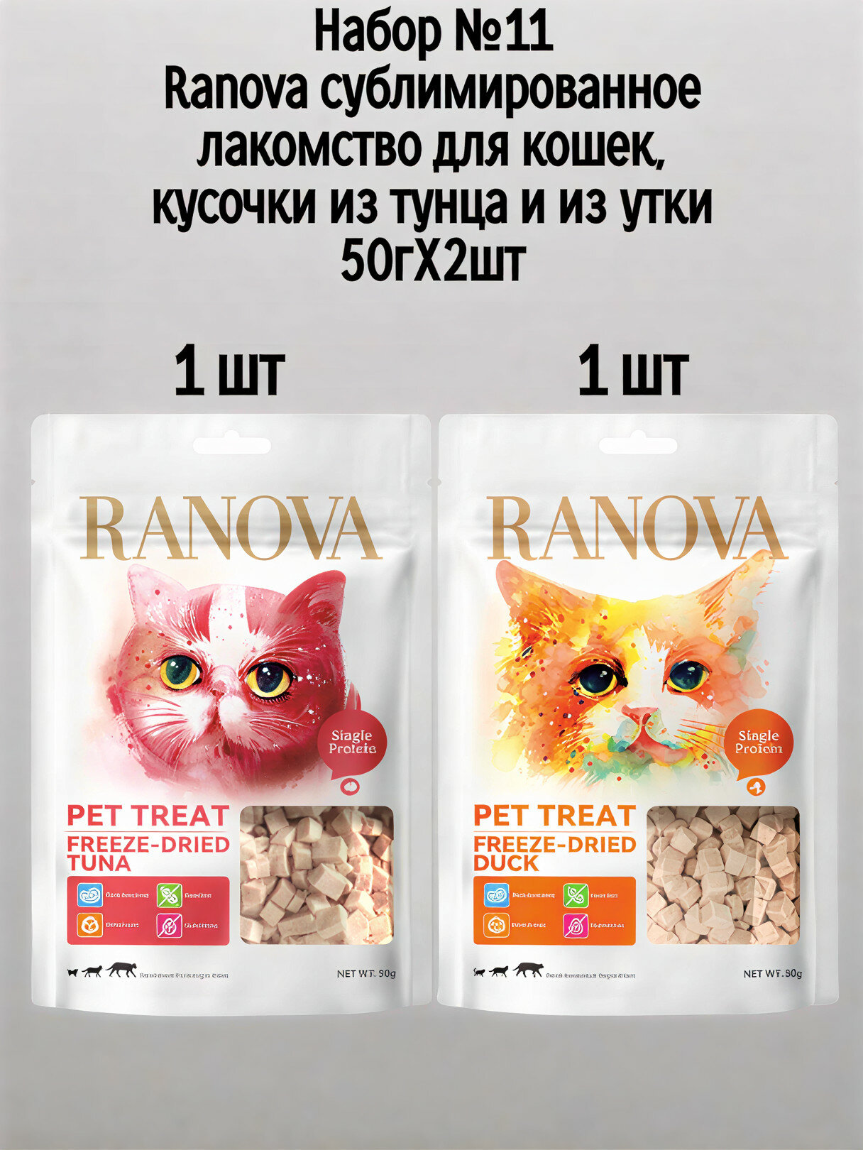 Набор №11 Сублимированные лакомства для кошек Ranova, кусочки из тунца и утки, 2 шт х 50 гр