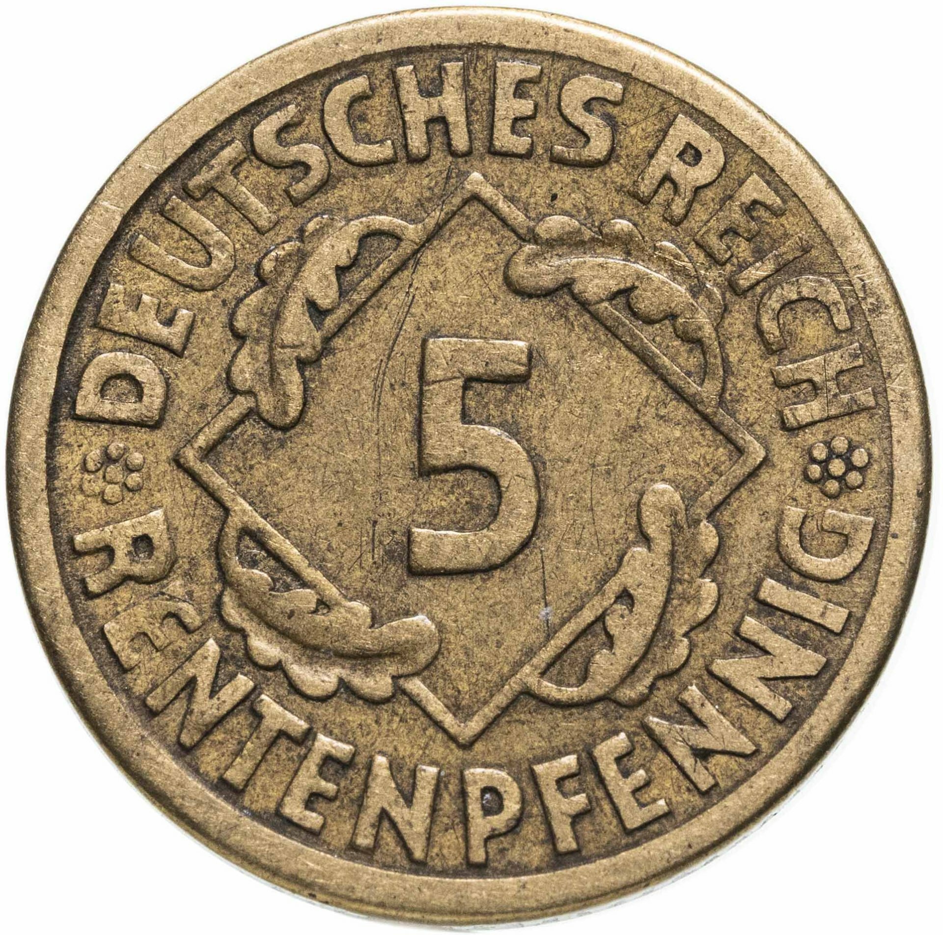 Германия 5 пфеннигов рентенпфеннигов, rentenpfennig 1924 A знак монетного двора "A" — Берлин, Бронза, в сохранности VF-XF