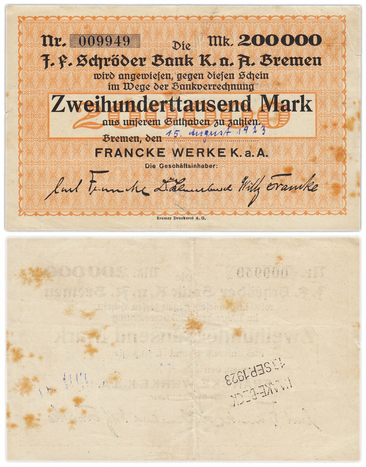 Германия Шредер банк Бремен 200000 марок 1923 год
