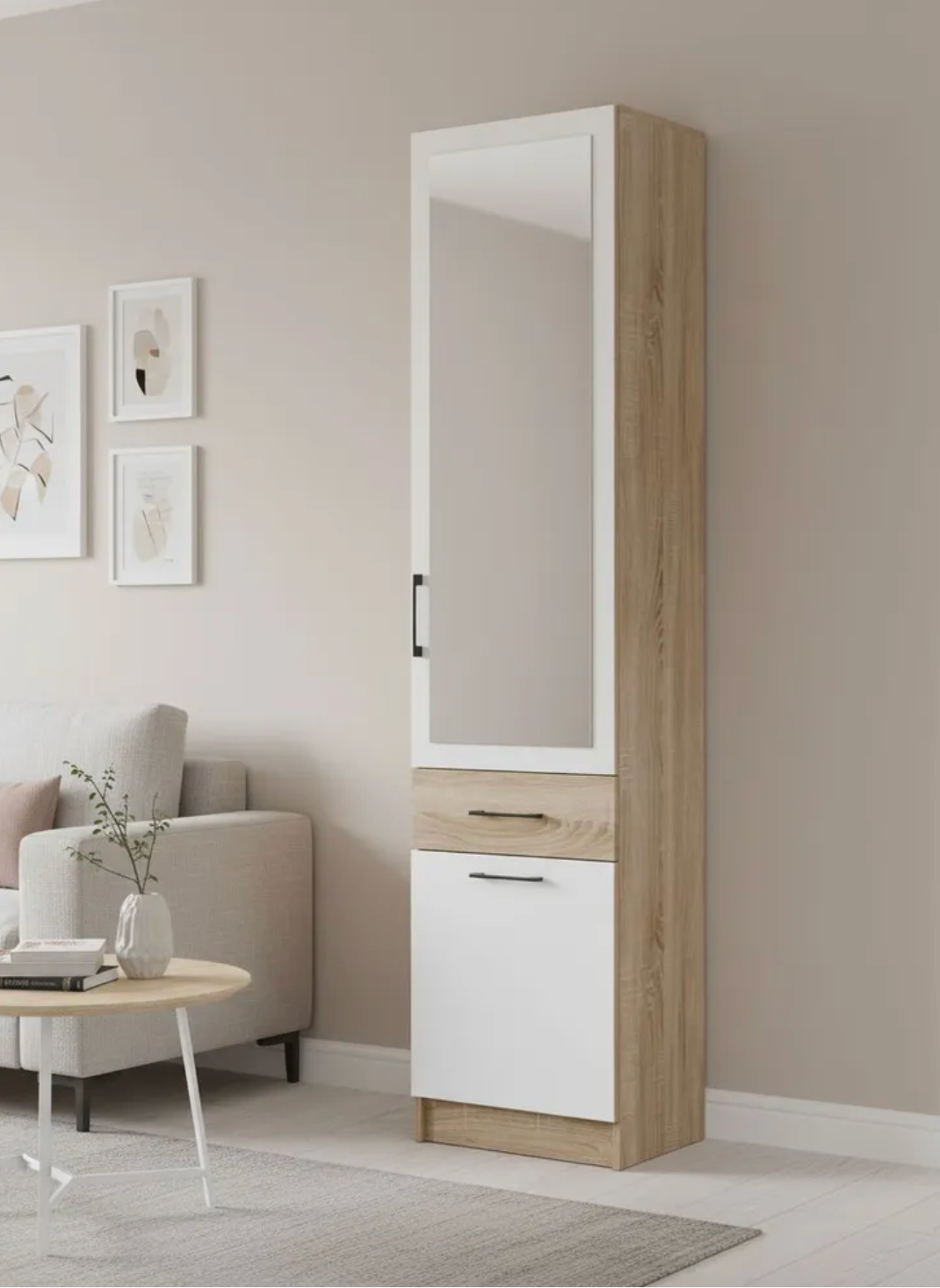 Шкаф пенал с зеркалом Денвер (500х2150х380 мм), дуб сонома/белый