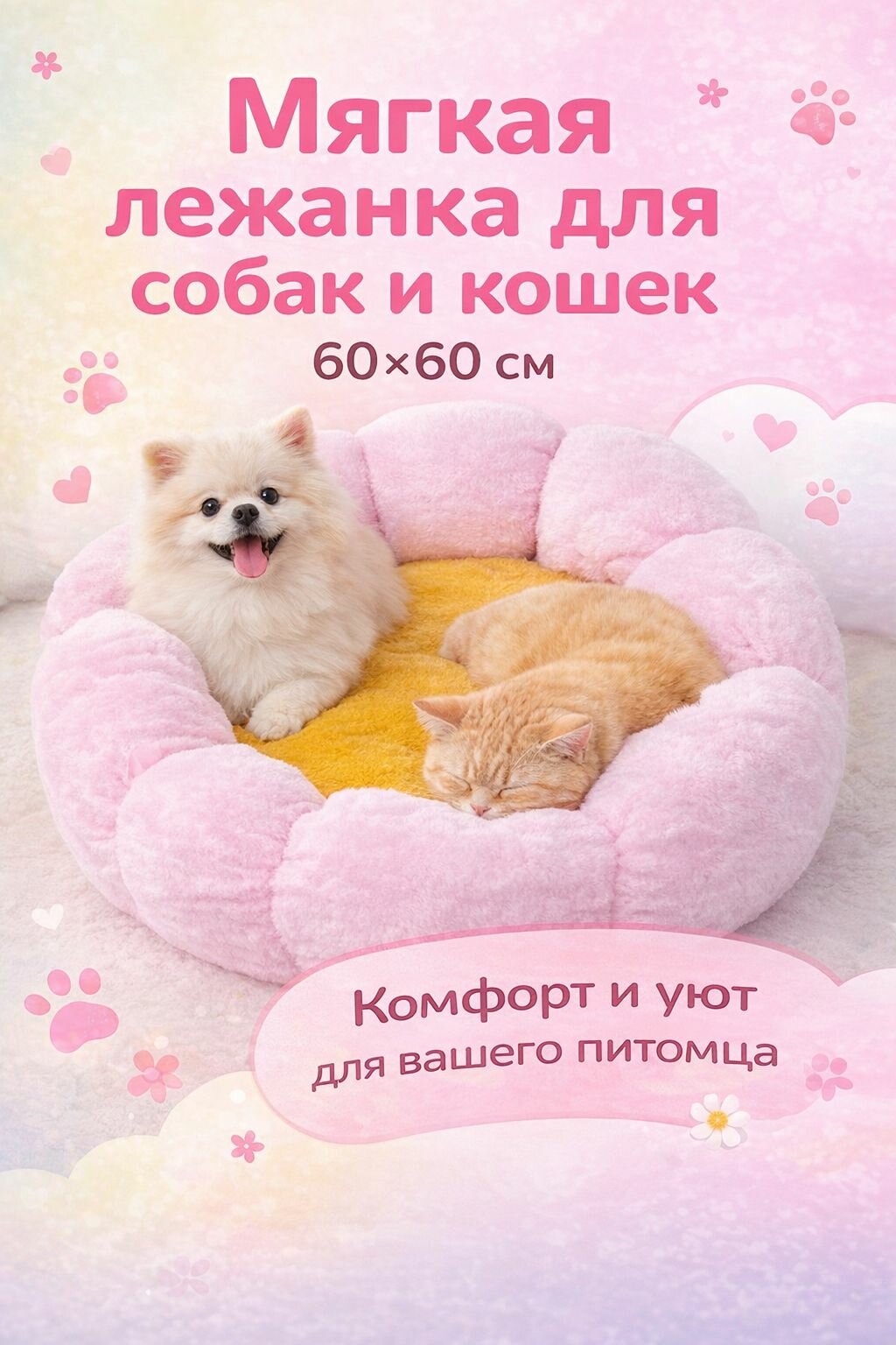 Лежанка для кошек и собак 60 см, мягкая плюшевая круглая лежанка-антистресс с бортиками, подстилка для питомцев