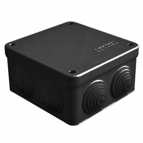 Распределительная коробка Электропромпласт черная, 105х105х56 мм, IP54, 7 выходов, 4 гермоввода, защелкивающаяся крышка, полипропилен