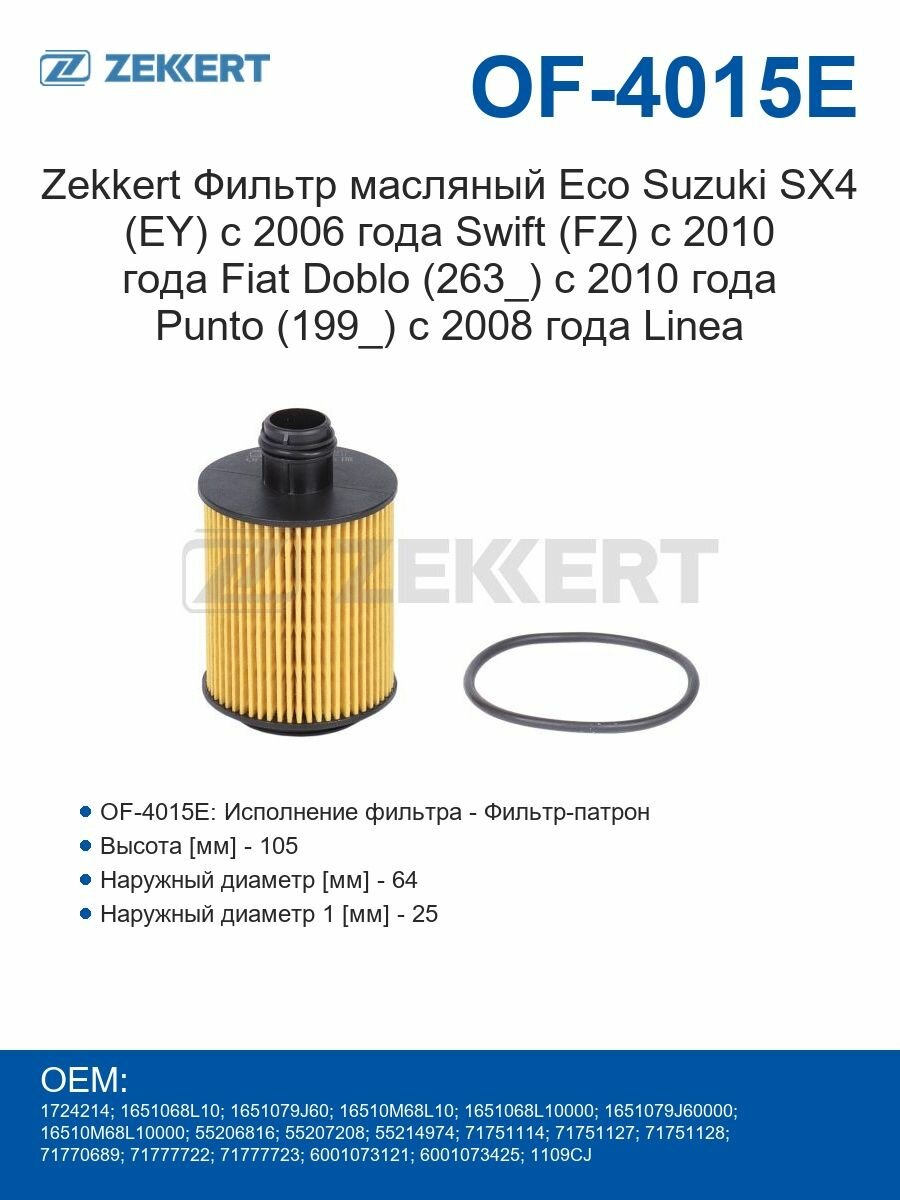 Zekkert Фильтр масляный Eco Suzuki SX4 (EY) с 2006 года Swift (FZ) с 2010 года Fiat Doblo (263_) с 2010 года Punto (199_) с 2008 года Linea