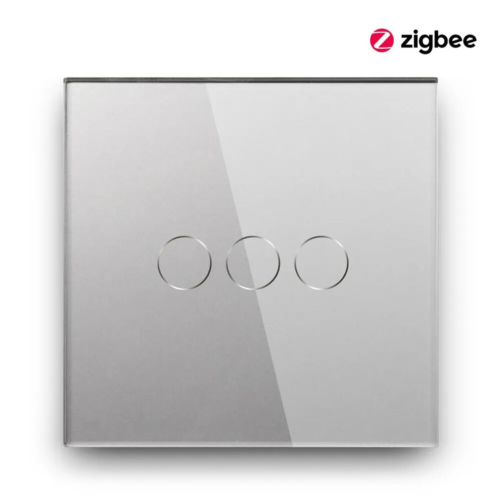Сенсорный выключатель Zigbee трёхклавишный, умный выключатель для Алисой, 3 клавиши, без нуля на, работает со шлюзом, панель стекло Серая