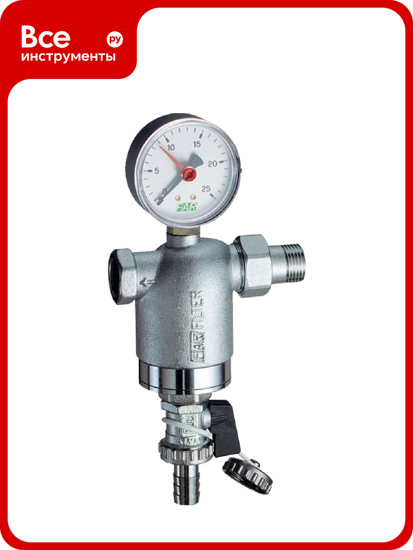 Фильтр FAR 1/2" НР-BР, с манометром, 100мкм, Max: 95C, 25бар FA 3946 12100