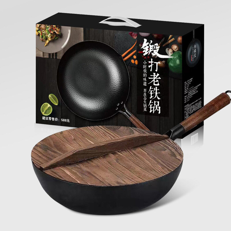 Трансграничная чугунная сковорода-вок Zhangqiu с узором в виде рыбьей чешуи, традиционная сковорода без покрытия, антипригарная сковорода для домашнего использования, вок с плоским дном, кастрюля, подарочная посуда.