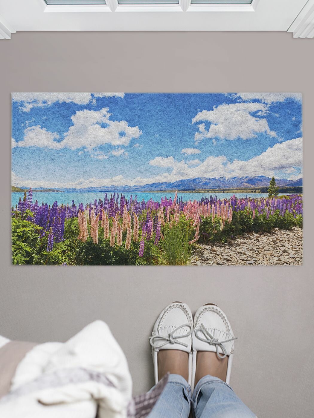 Коврик придверный в прихожую с принтом "Лавандовое поле у реки" 45 на 75 см , JoyArty