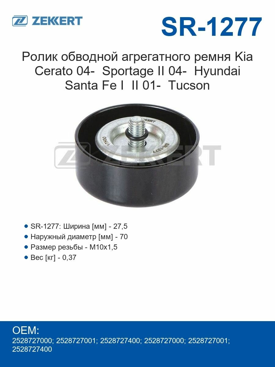 Zekkert Ролик обводной агрегатного ремня Kia Cerato 04- Sportage II 04- Hyundai Santa Fe I II 01- Tucson.