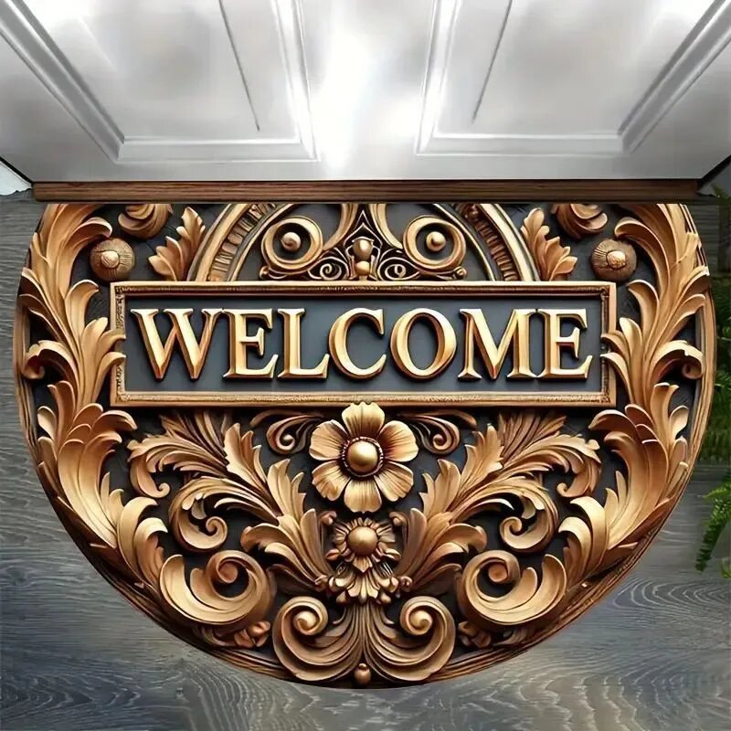 Придверный коврик 40×60 см полукруглый с узором барельефа и надписью Welcome, впитывающий ковер для прихожей