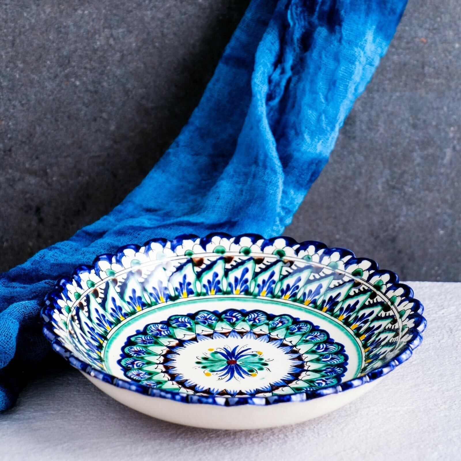 Тарелка глубокая Риштанская Керамика «Узоры», d=20 см, синяя, узор микс