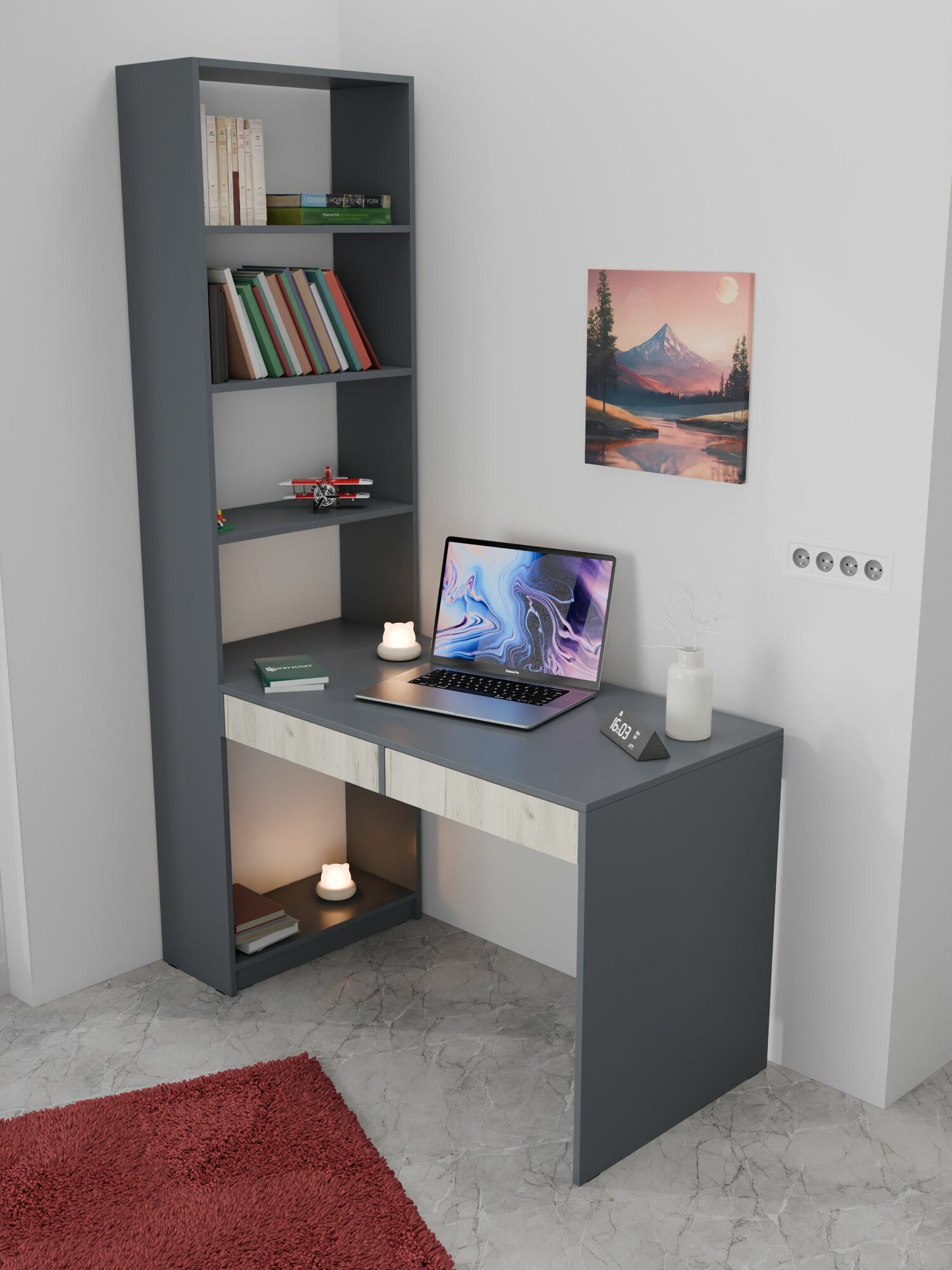 Изумлит Стол-стеллаж письменный угловой, стеллаж слева 200х130х59.2 см, графит - дуб крафт белый