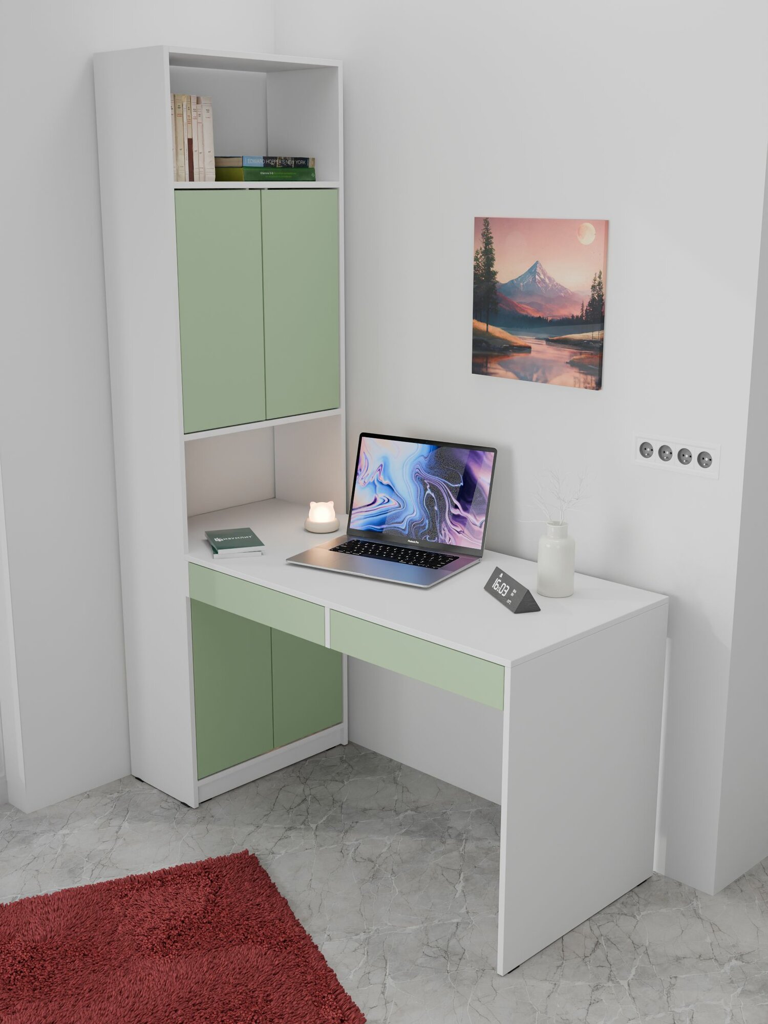 Изумлит Стол-стеллаж с дверьми письменный угловой, стеллаж слева 200х140х59.2 см, белый-мятный