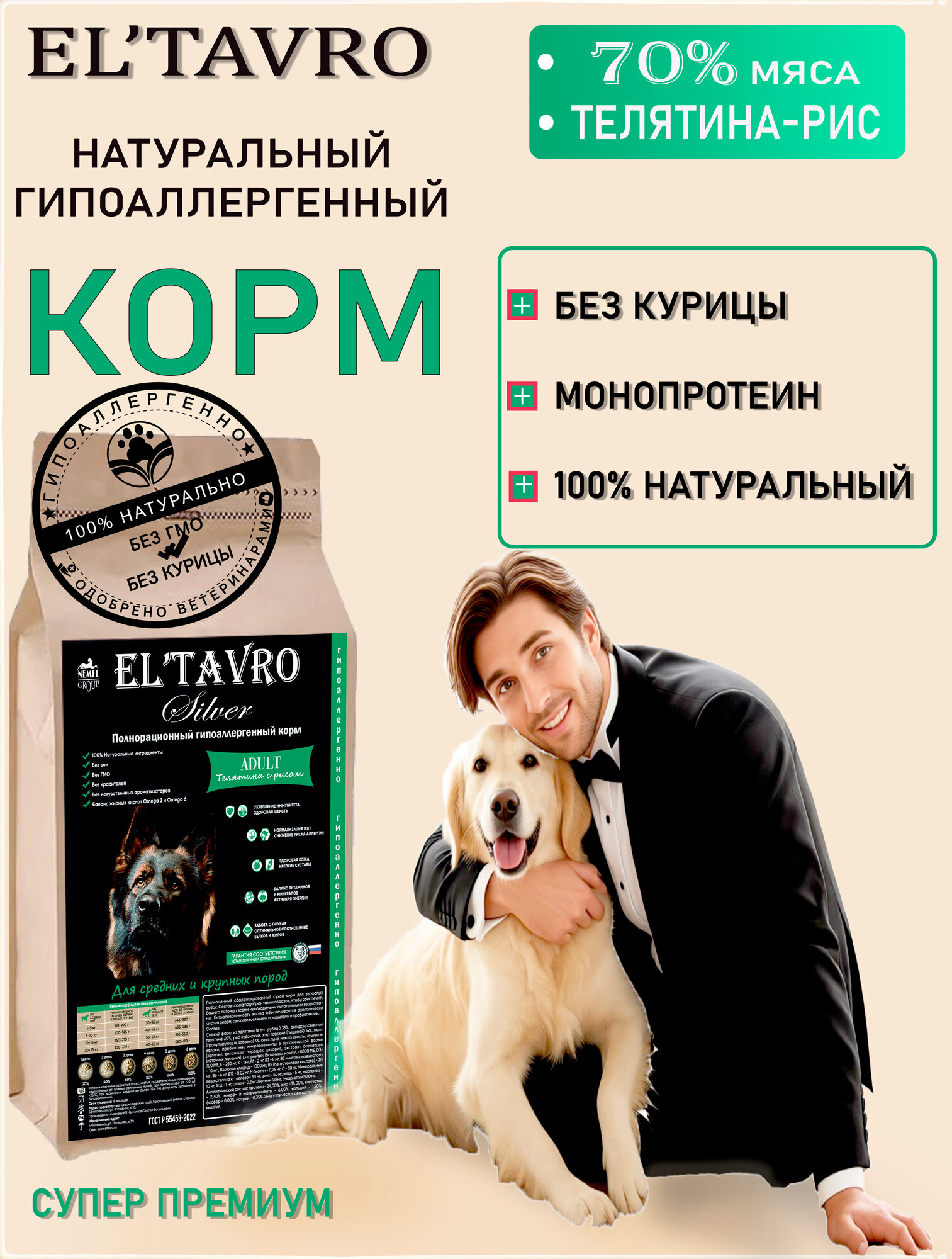 Сухой корм для собак ELTAVRO (эльтавро) SILVER 350гр Телятина с рисом/ гипоаллергенный корм/без курицы