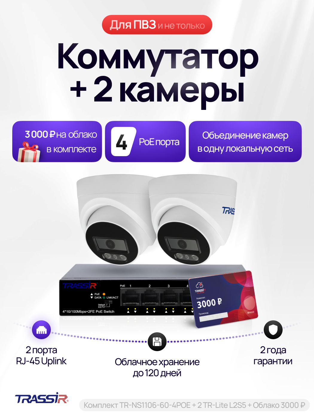Комплект облачного видеонаблюдения 2 камеры TR-Lite L2S5 + коммутатор TR-NS1106-60-4POE + Облако 3000