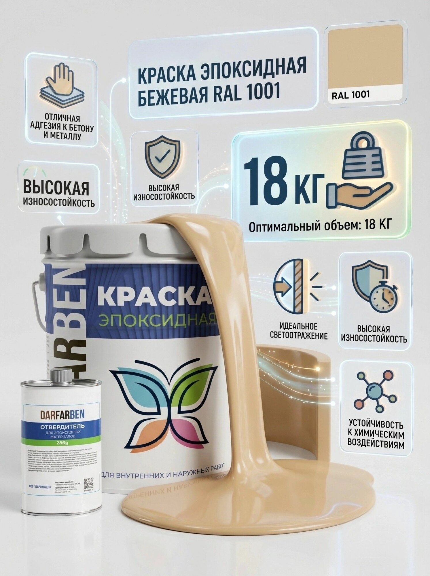Краска Эпоксидная бежевая по бетону, металлу, дереву 18 кг DARFARBEN