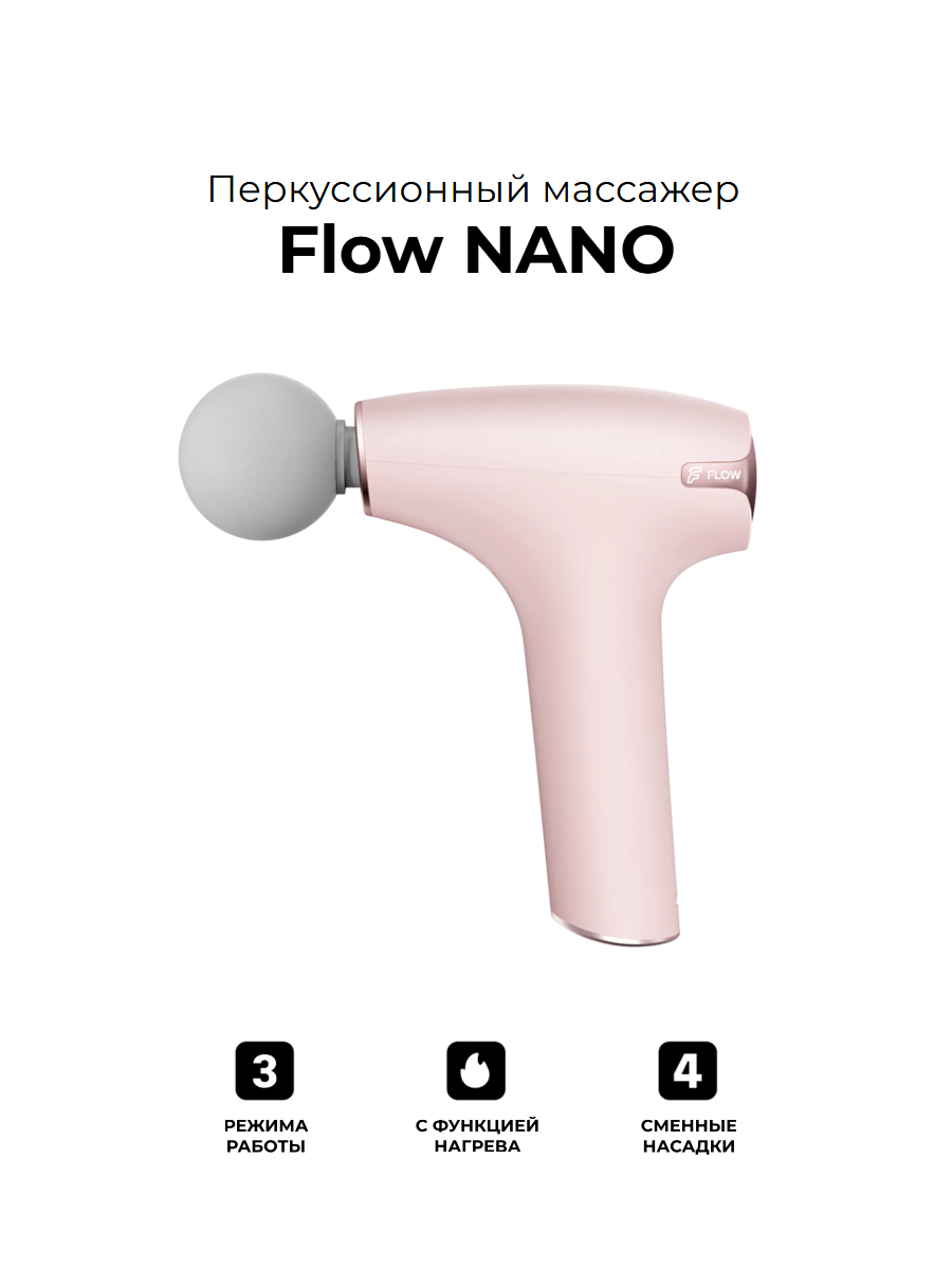 Перкуссионный массажер для тела Flow NANO с функцией нагрева, массажный пистолет, 4 насадки в комплекте, FW-NANO-PK