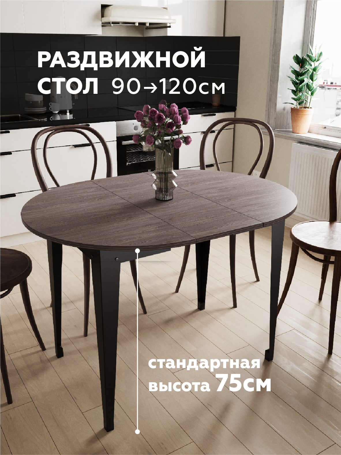 Стол кухонный круглый раздвижной Donini R 75 Ясень Анкор. Стол обеденный раздвижной / раскладной, кухонный стол.