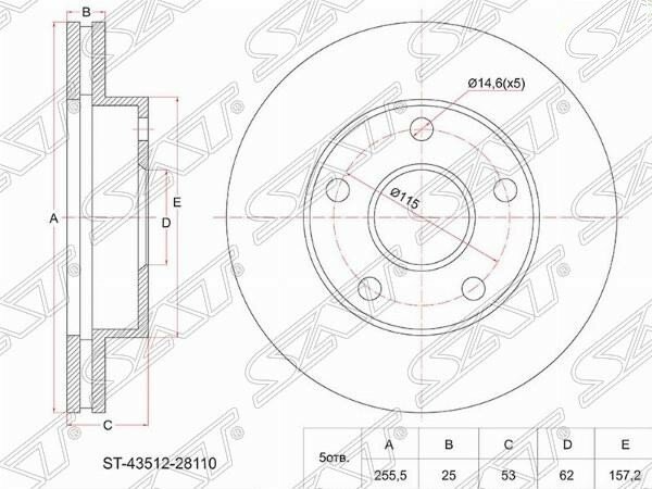 Диск тормозной спереди Dodge Caravan 00-07 / SAT ST-43512-28110 Toyota Estima 90-99