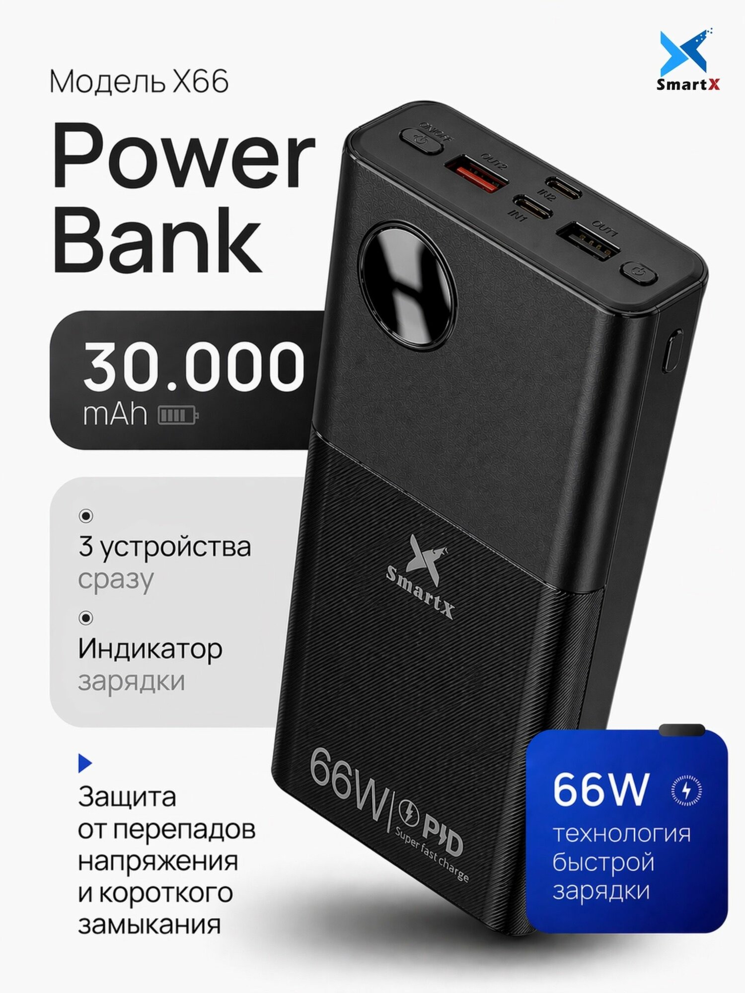 Повербанк 30000mah, мощный внешний аккумулятор SmartX с проводами, для телефона, для айфона, для андроид, с быстрой зарядкой