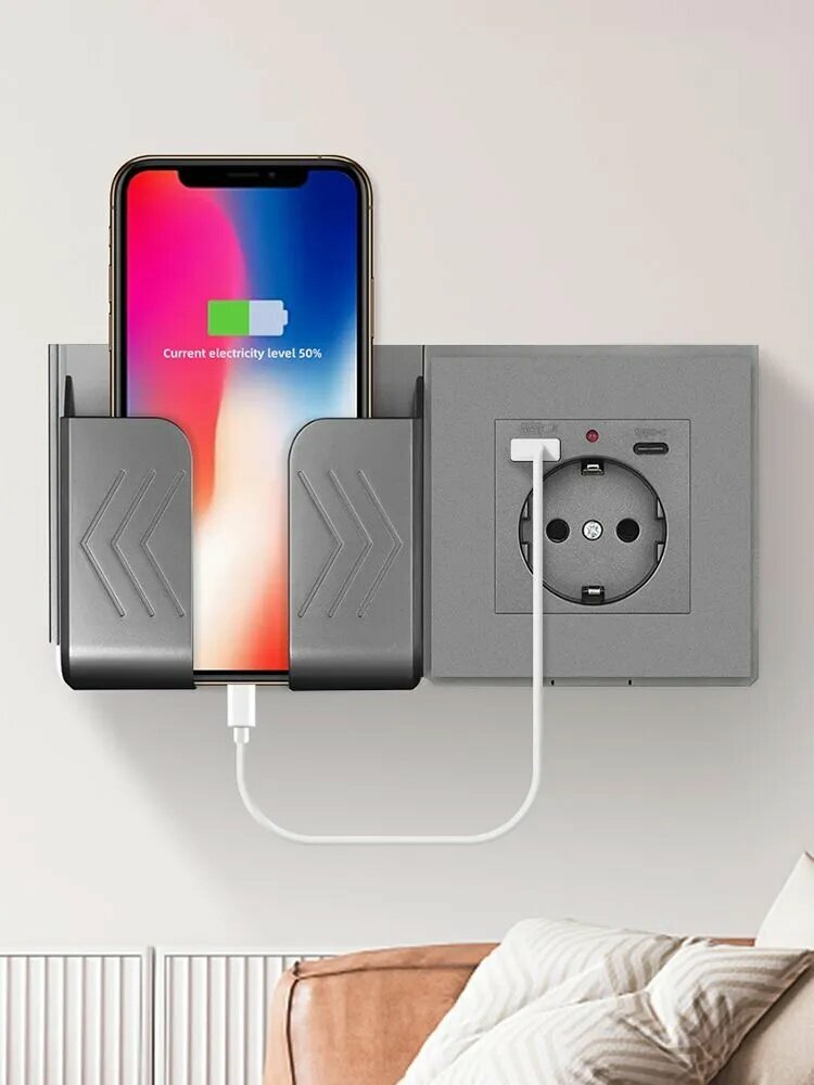 Розетка с usb и type c, с электрической розеткой VISWE,+ подставка под смартфон, серый,