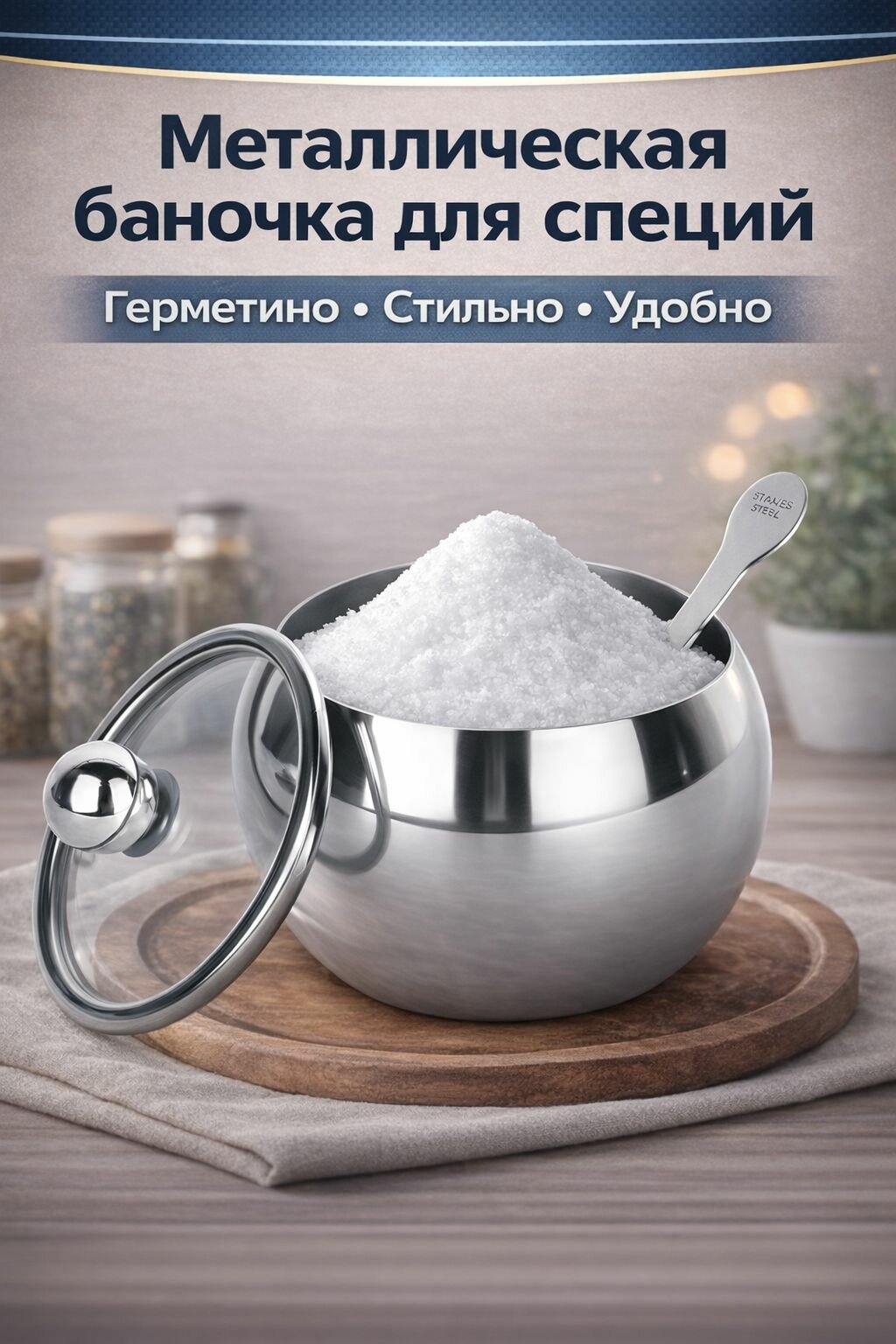 Солонка для соли с крышкой и ложкой, 240 мл, металлическая баночка для специй, контейнер для сахара, удобная солонка с крышкой для кухни