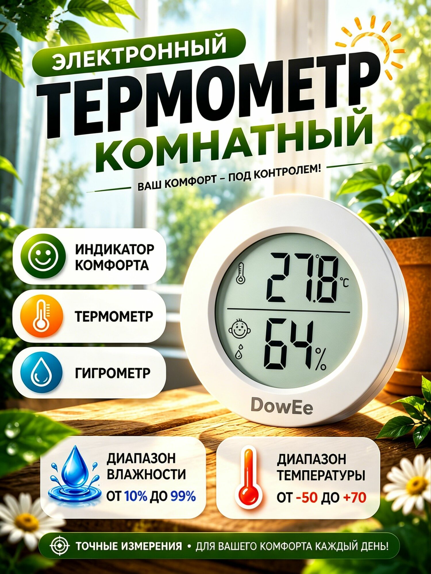Термометр комнатный, термометр электронный, гигрометр комнатный, метеостанция домашняя DOW-1030