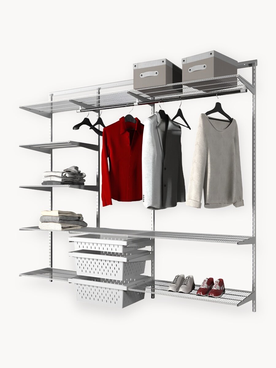 Гардеробная система хранения прямая 216 см. Со съёмными полками, выдвижными корзинами и штангами для одежды. Белая.