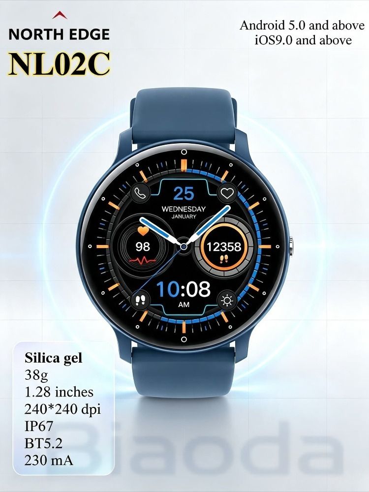 NORTH EDGE Смарт-часы NL02C 1,28-дюймовые HD Bluetooth, отслеживающие активность звонков, частоту сердечных сокращений