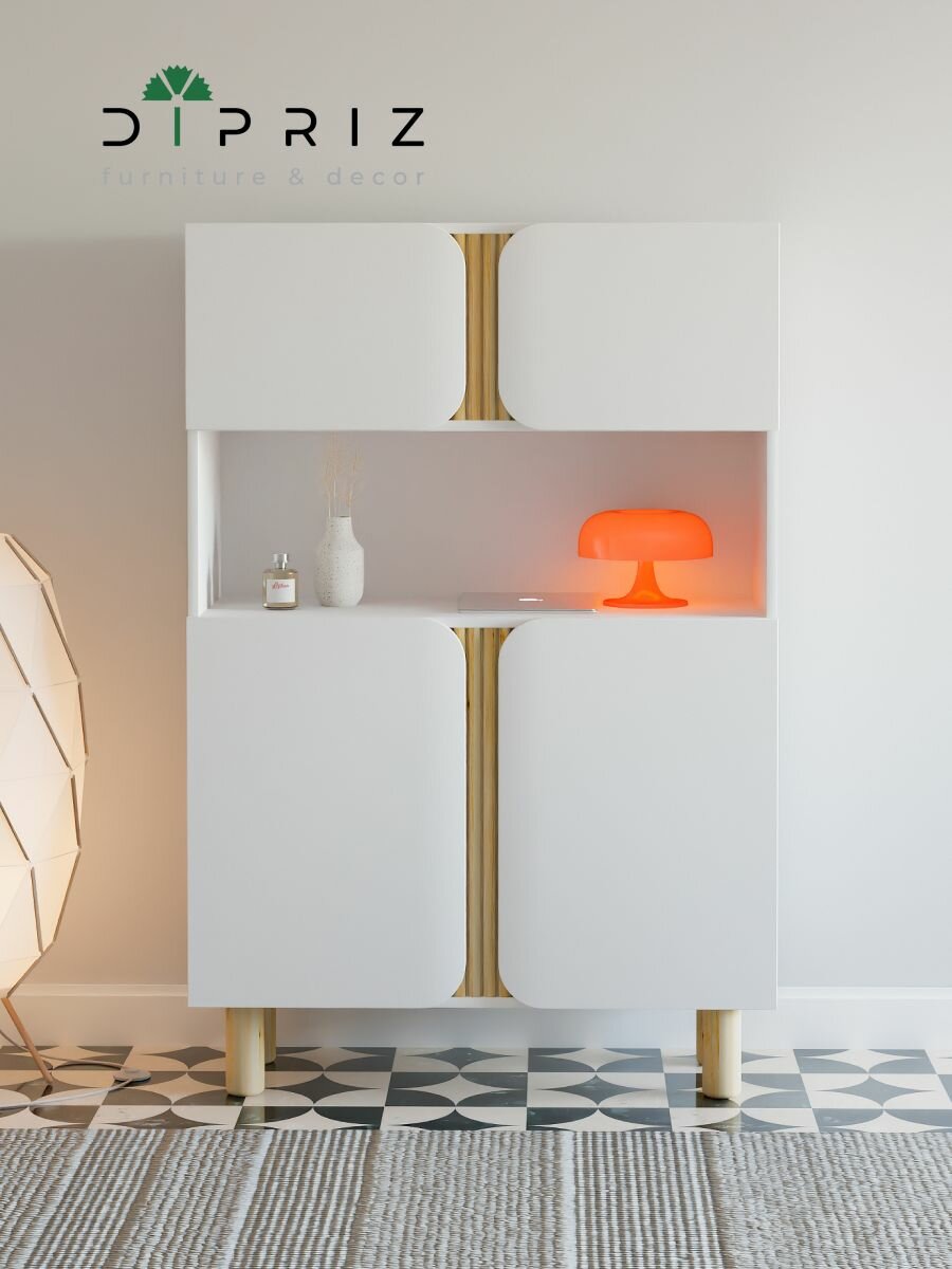 Буфет, 90х35х135, Ола, сервант для посуды, для кухни и прихожей, белый / сосна, Dipriz