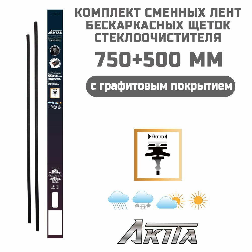 Сменные резинки для бескаркасных щеток 750+500 мм