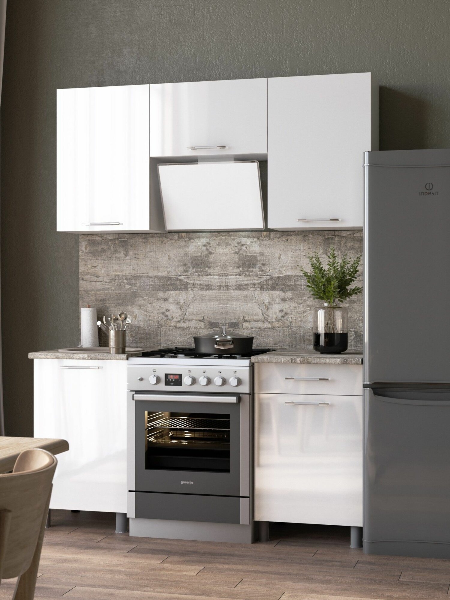 Кухонный гарнитур с окапом Танго МДФ 1,6м белый глянец без столешницы