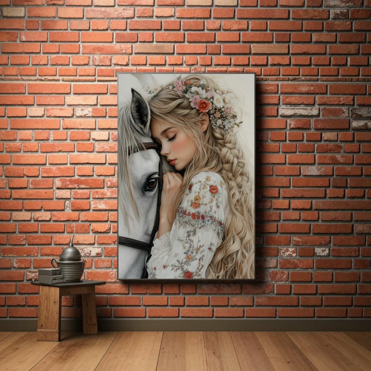 Картина на холсте для спальни Русская девушка с конем, 40*60 см