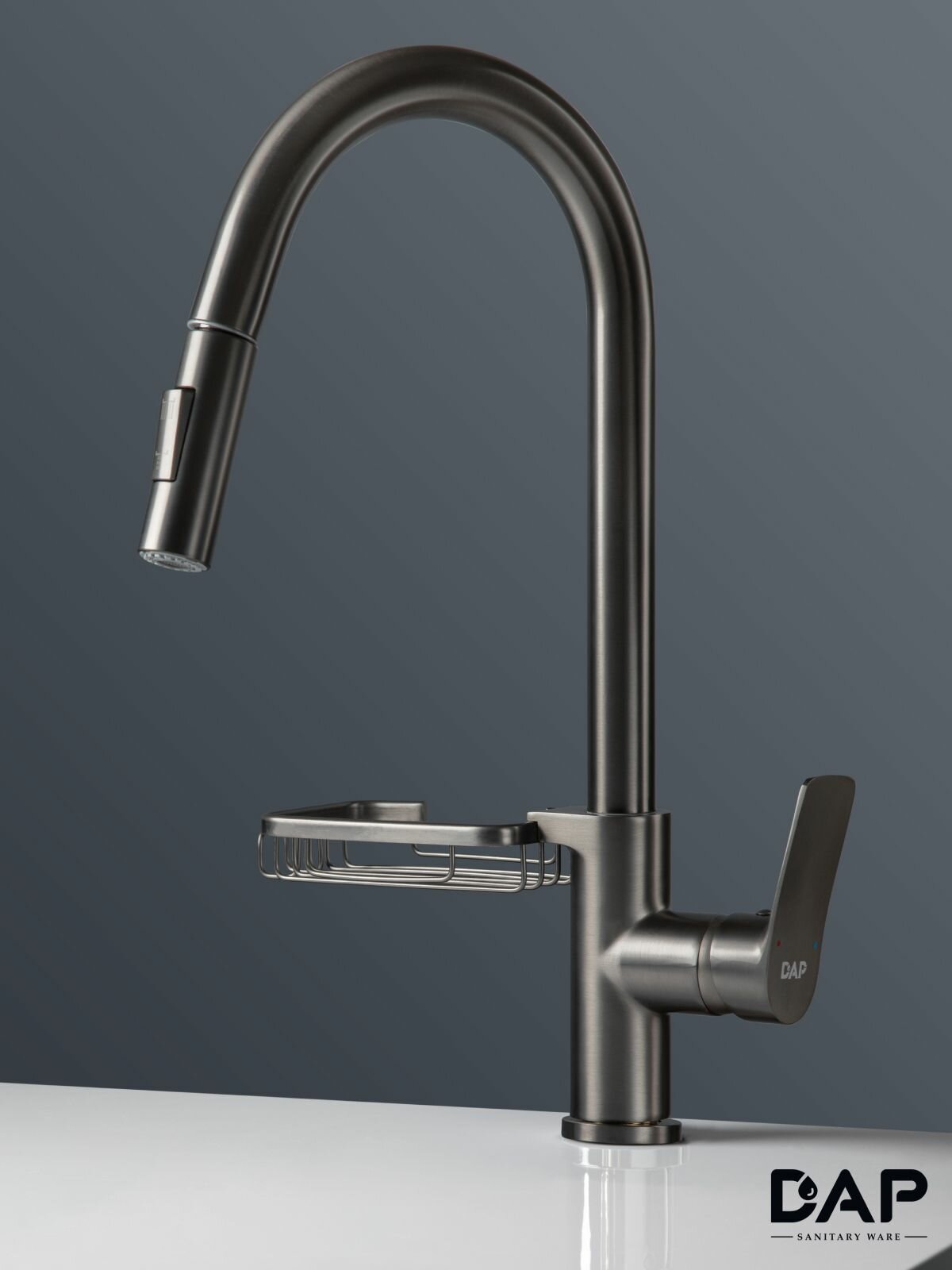 Смеситель для кухни с высоким изливом и мыльницей, выдвижная лейка, графит, DAP