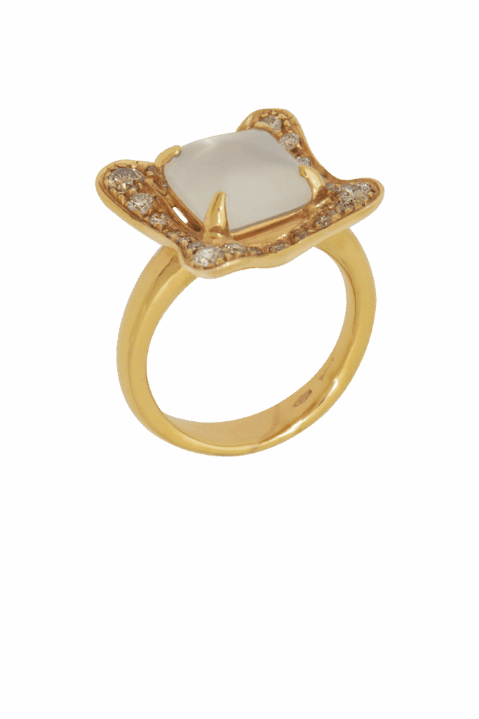 Кольцо, красное золото, 750 проба, лунный камень, бриллиант