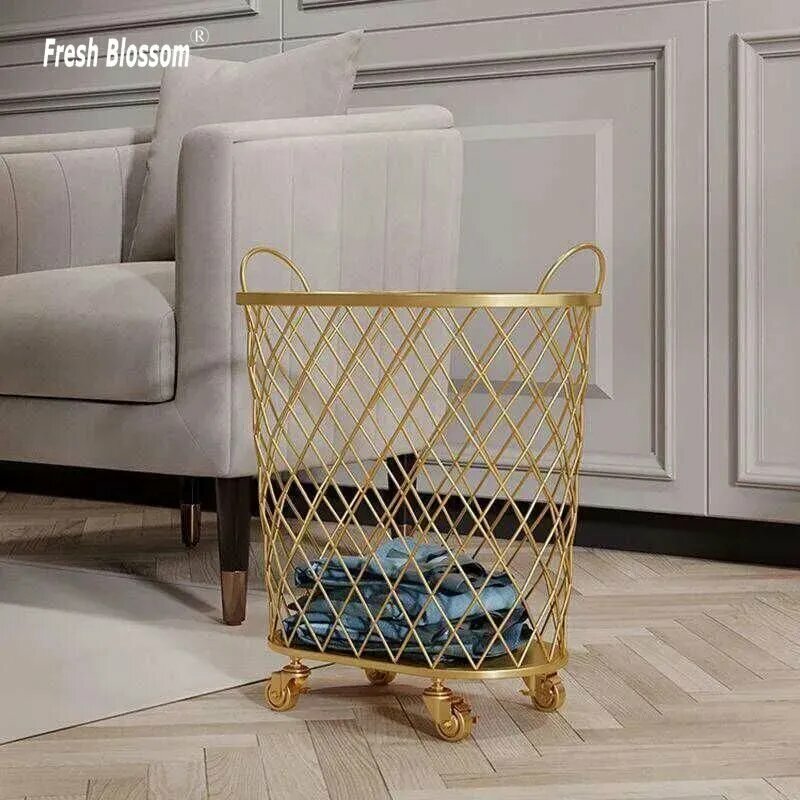 Корзина для белья Fresh Blossom, металл, индустриальный стиль, с колесиками, 55см, золотая