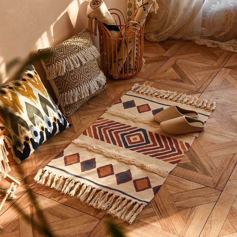 Хлопковый льняной ковер ручной работы Boho 60x90 см, 008, 60x90cm 20cm tassel