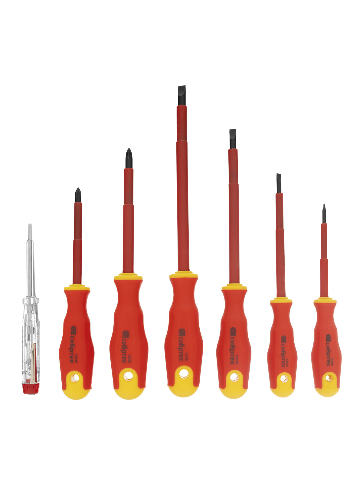 Набор отверток диэлектрических до 1000 В Сибртех тестер, двухкомпонентные рукоятки, 7 предметов 12936