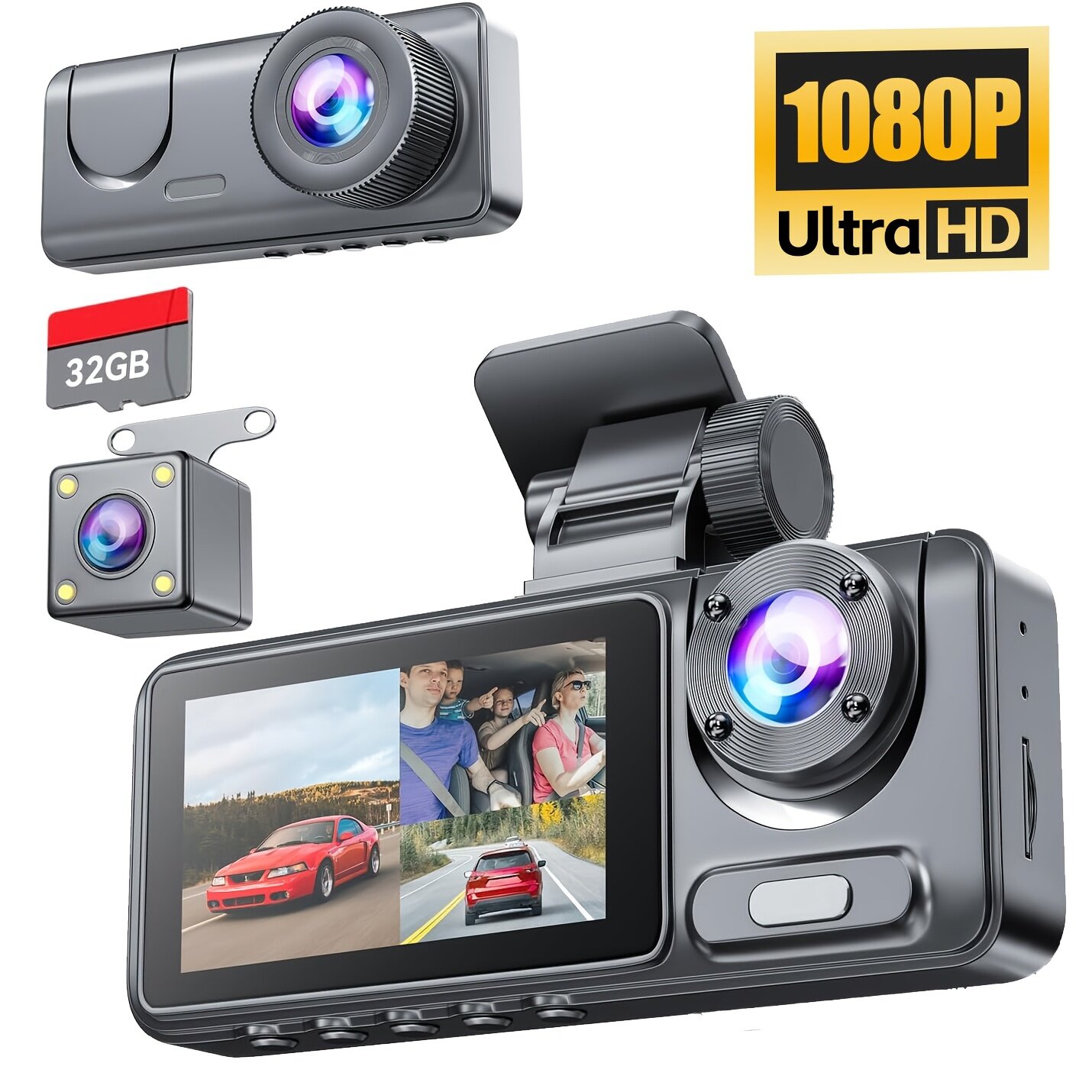 Камера для автомобиля Dash Cam, 3-канальная камера, 1080P передняя, внутренняя и задняя камеры, тройная камера, видеорегистратор с картой 32 ГБ, ночное видение, HDR, G-сенсор