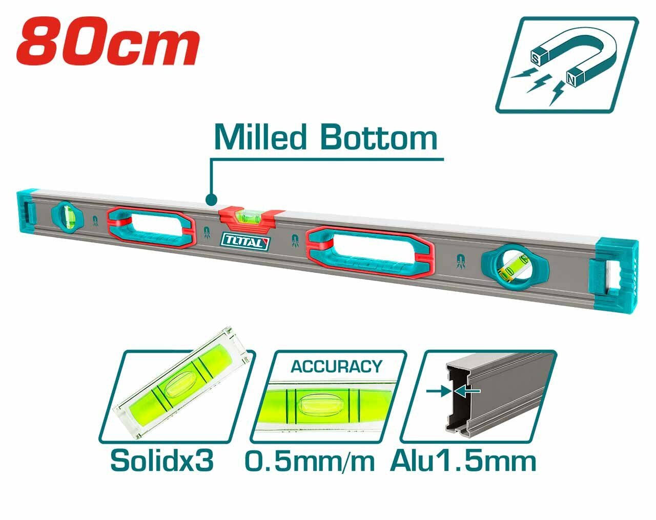 Уровень строительный TOTAL TMT28028M, магнитный, 80см, 3 глазка