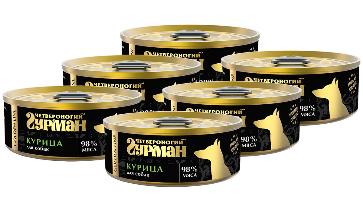 Влажный корм Четвероногий Гурман Golden Line для взрослых собак с курицей натуральной в желе банка, 100 гр х 6 шт