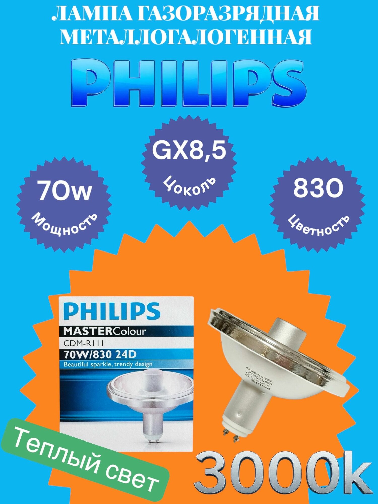 Лампа металлогалогенная Philips Master Colour CDM-R111 70w/830/GX8.5 24D